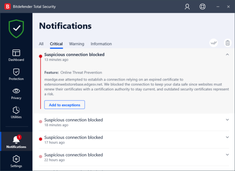 How to stop "Suspicious connection blocked" notifications - Bitdefender