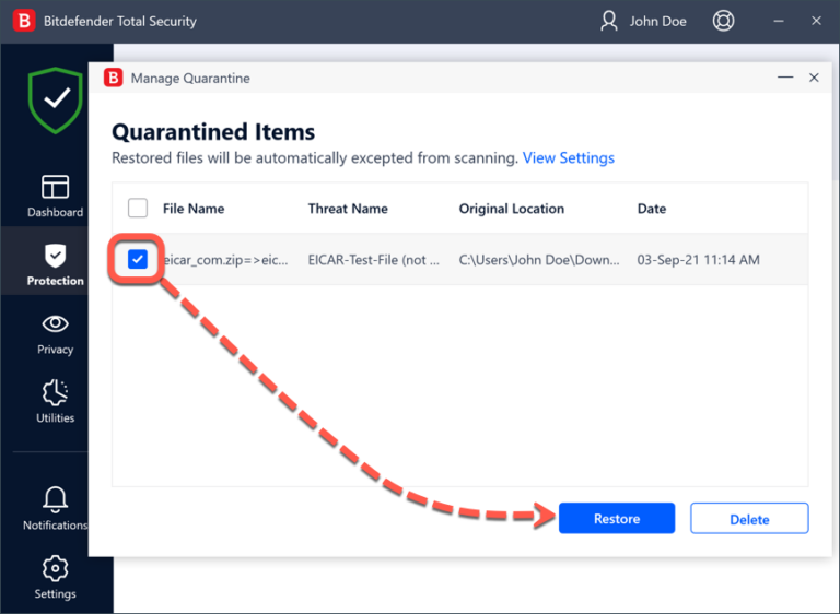 Bitdefender Quarantine: How to recover a legitimate file from Quarantine