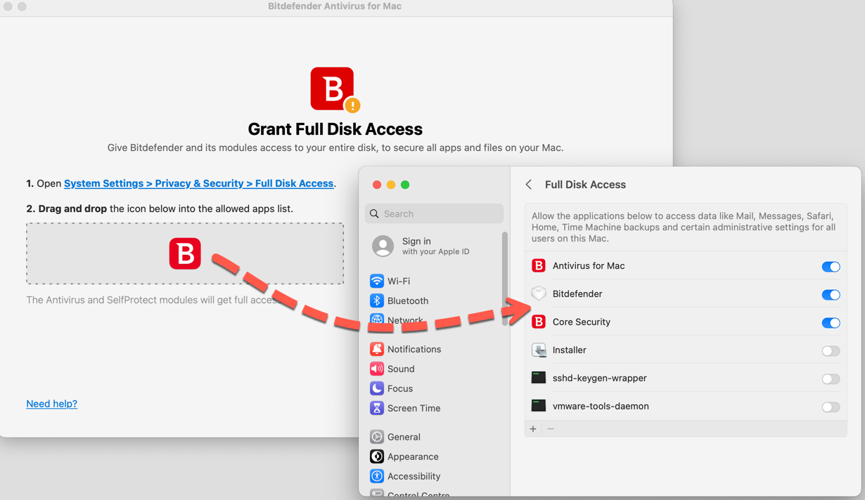 How to grant Full Disk Access to Bitdefender on macOS